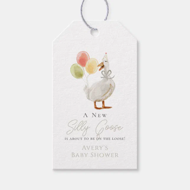 Silly Goose Greige Gingham Baby Shower Gift Tags | Zazzle