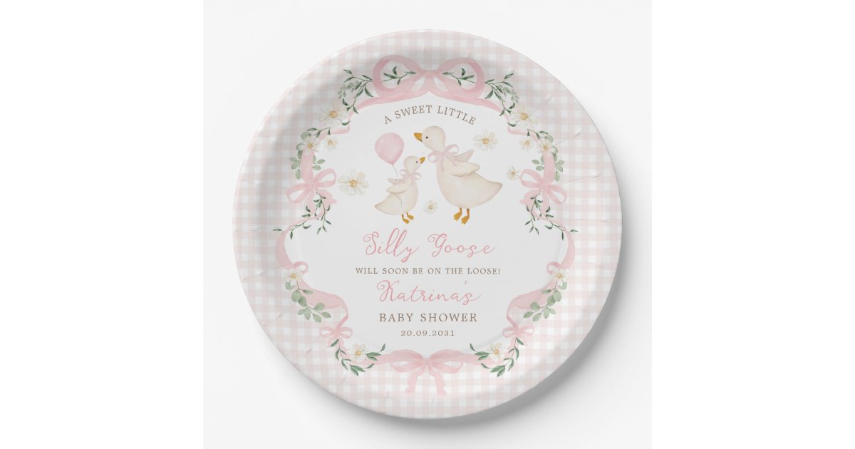 Silly Goose Pink Bow Gingham Girl Baby Shower Paper Plates | Zazzle
