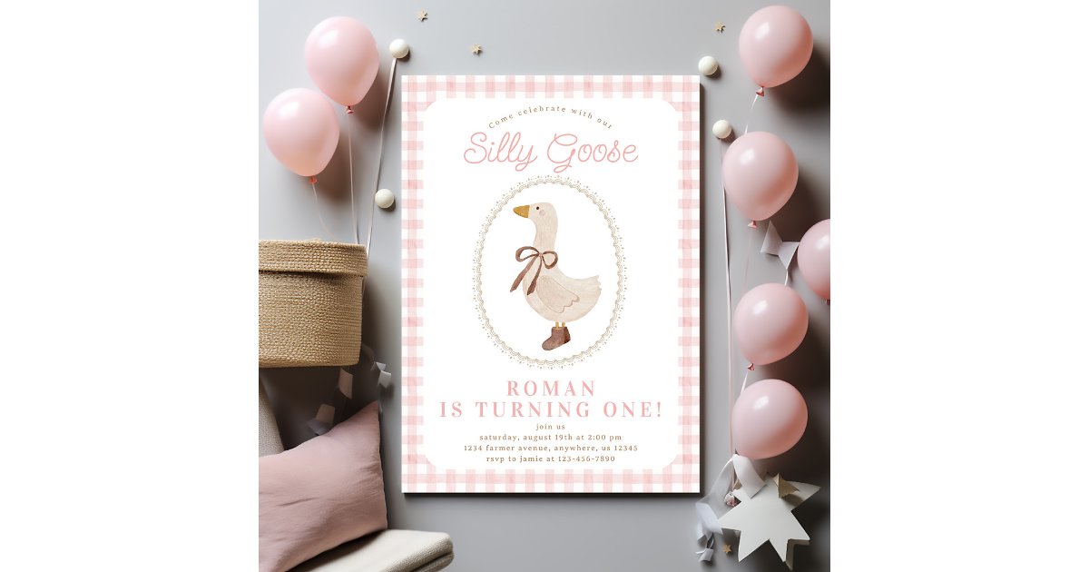 Silly Goose Pink Gingham and Bow Girl Birthday Invitation | Zazzle