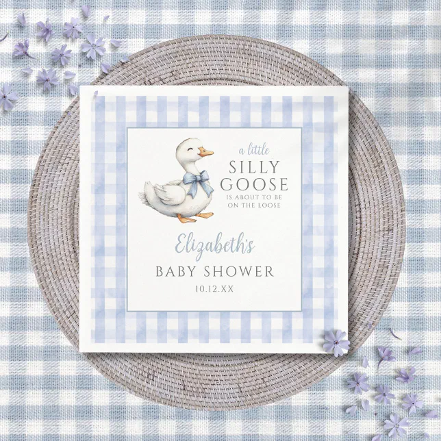 Silly Little Goose Blue Gingham Baby Shower Napkins | Zazzle