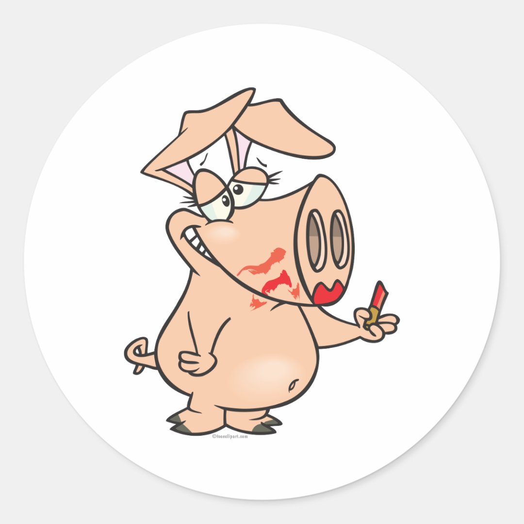 silly sloppy lipstick piggy pig cartoon classic round sticker | Zazzle