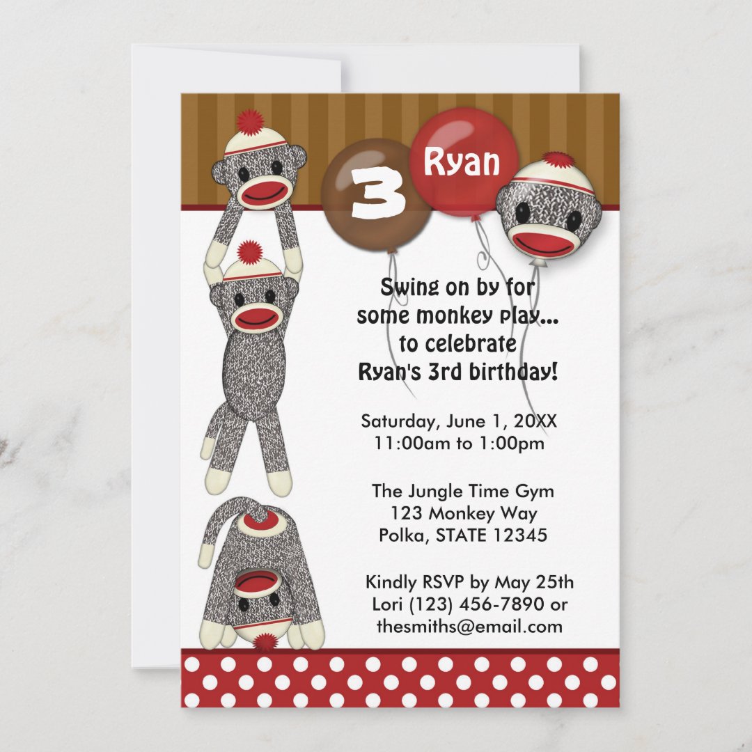 Silly SOCK MONKEY Birthday Invitation SMR girl/boy | Zazzle