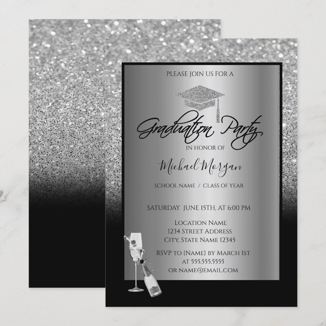 Silve Glitter Graduation Cap,Wine,Glass Graduation Invitation | Zazzle