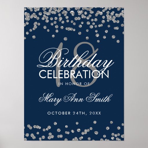 Silver 18th Birthday Faux Glitter Confetti Navy Poster | Zazzle