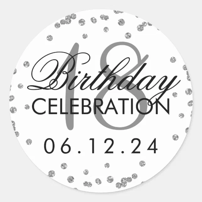 Silver 18th Birthday Faux Glitter Confetti White Classic Round Sticker ...