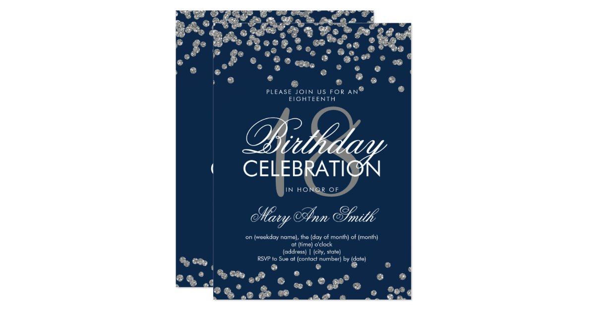 Silver 18th Birthday Glitter Confetti Navy Blue Invitation | Zazzle.com