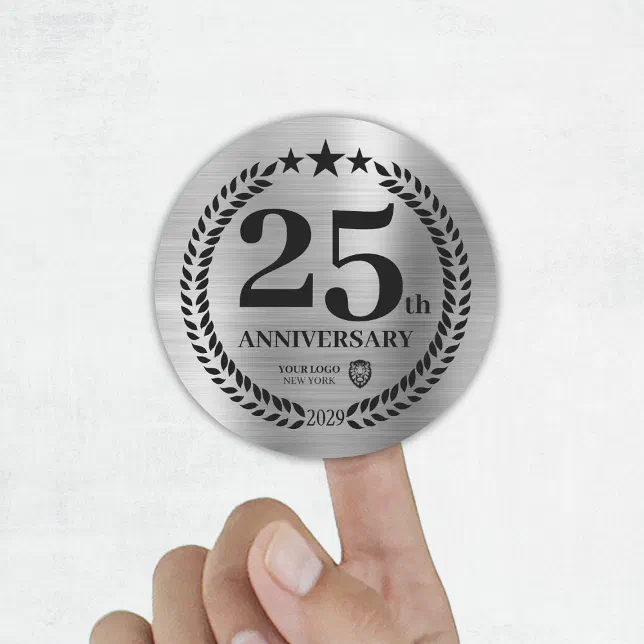 Silver 25th Anniversary Business Logo Classic Round Sticker | Zazzle