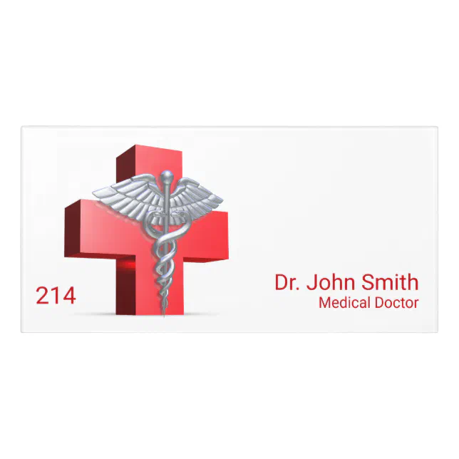 Silver 3D Caduceus Medical Cross Red Door Sign | Zazzle
