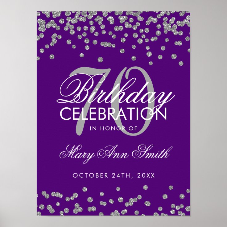 Silver 70th Birthday Glitter Confetti Purple Poster | Zazzle