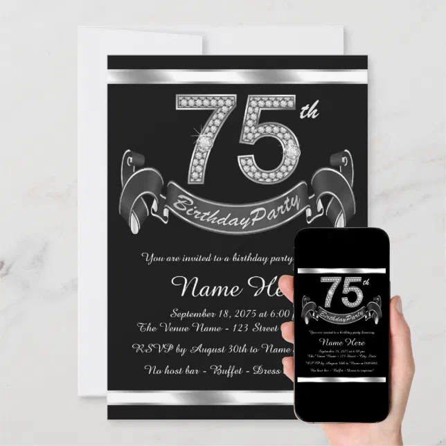 Silver 75th Birthday Party Invitation | Zazzle