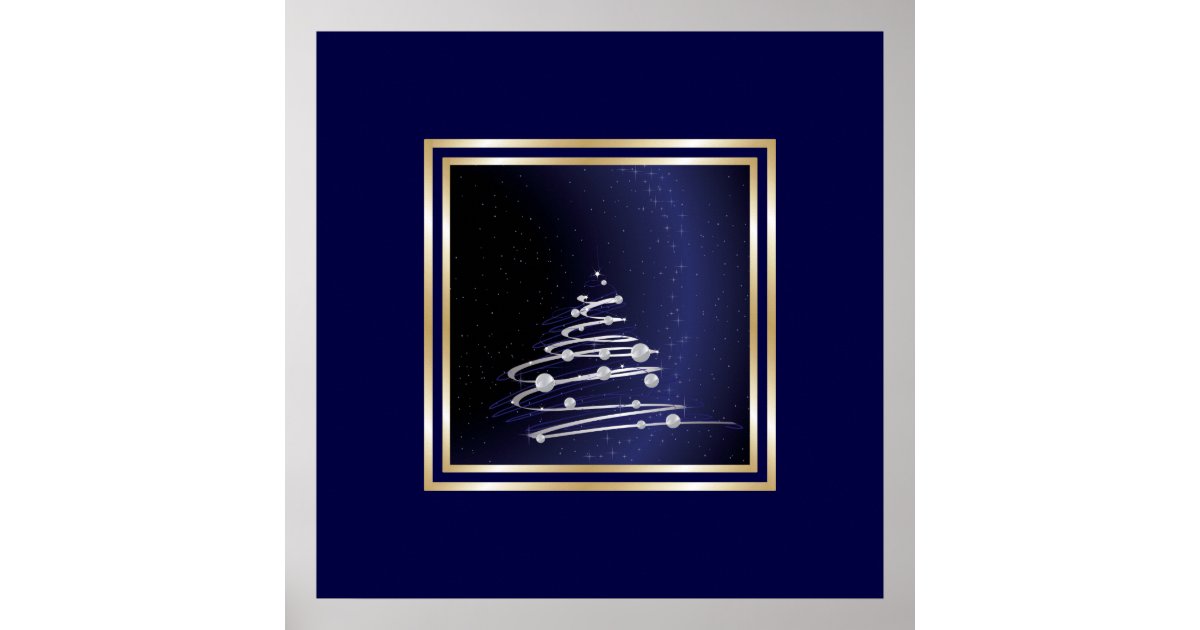 Silver Abstract Christmas Tree On Blue Poster | Zazzle