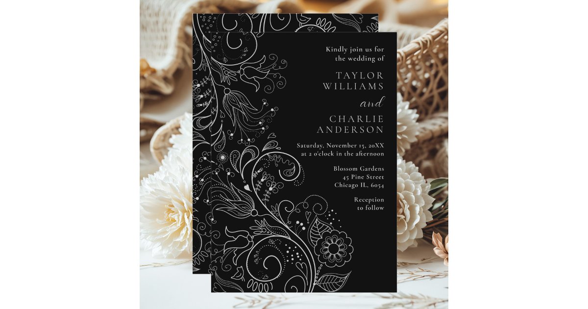 Silver and Black Elegant Floral Wedding Invitation | Zazzle