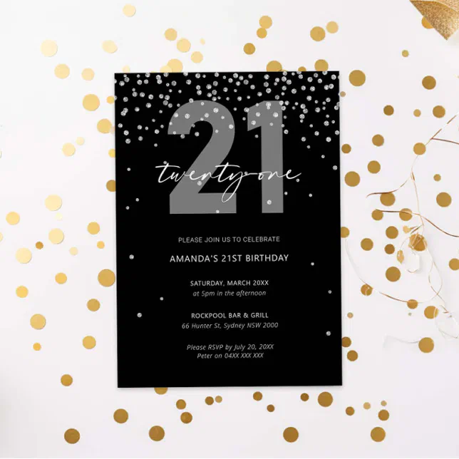 Silver and black glitter sparkle 21st birthday invitation | Zazzle
