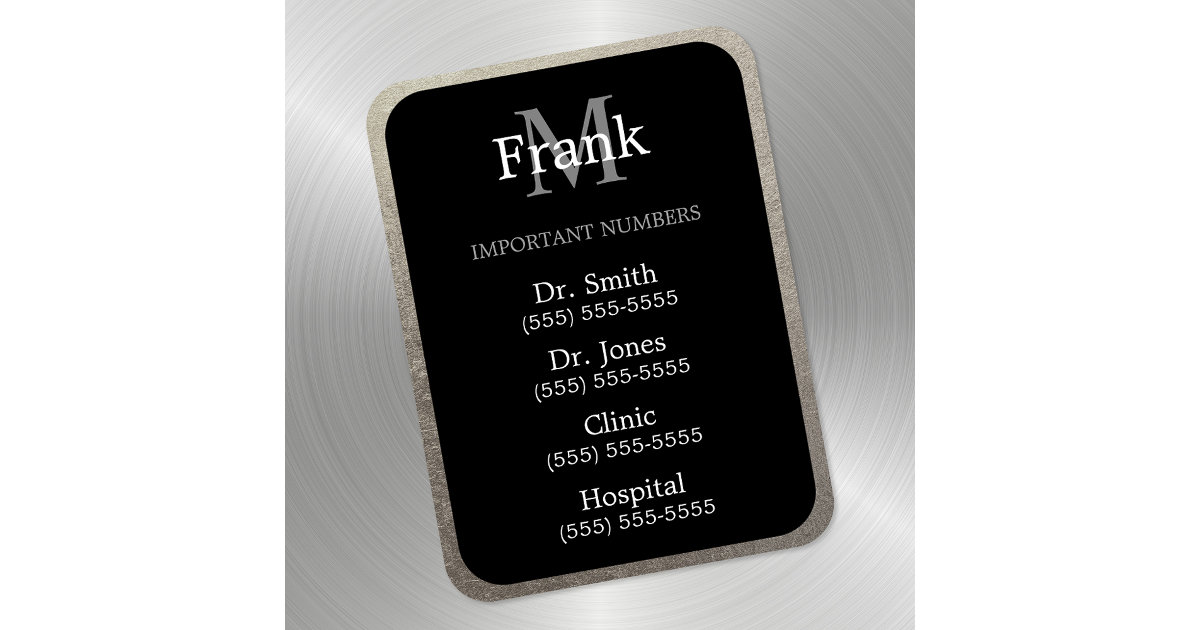 Silver and Black Important Phone Numbers Magnet | Zazzle