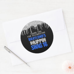 Silver and Blue Drippin Swag 16 Birthday Classic Round Sticker | Zazzle