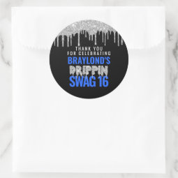 Silver and Blue Drippin Swag 16 Birthday Classic Round Sticker | Zazzle