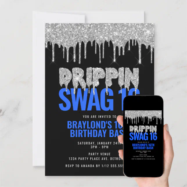 Silver and Blue Drippin Swag 16 Birthday Invitation | Zazzle