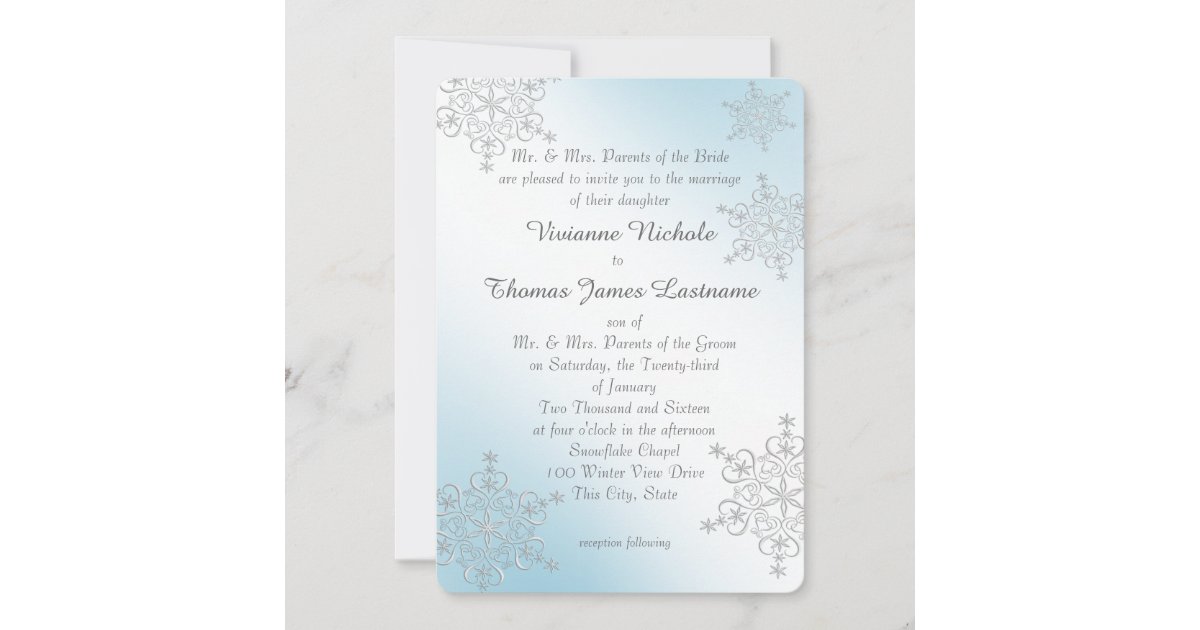 Silver and Ice Blue Snowflakes Wedding Invitation | Zazzle