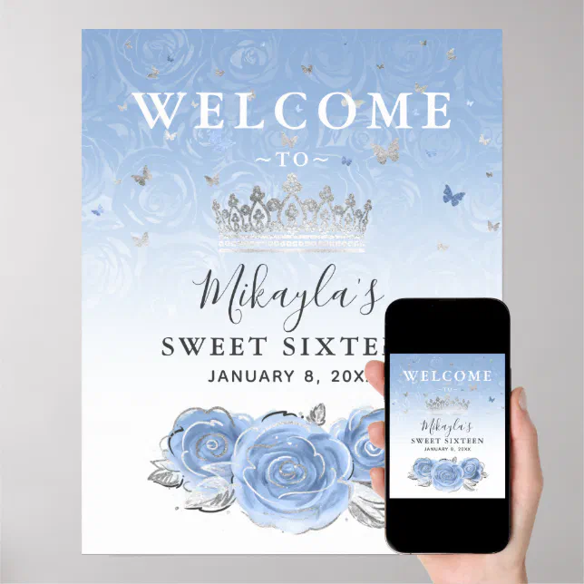 Silver and Light Baby Blue Roses Welcome Party Poster | Zazzle