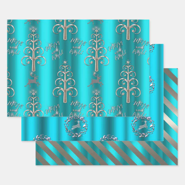 Silver and Metallic Aqua Christmas Wrapping Paper Sheets | Zazzle