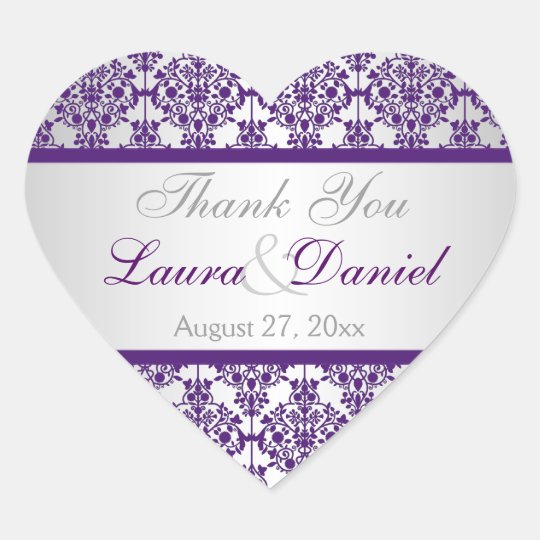 Silver and Purple Damask Wedding Favor Sticker | Zazzle.com