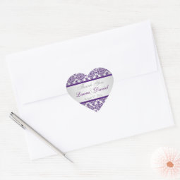 Silver and Purple Damask Wedding Favor Sticker | Zazzle