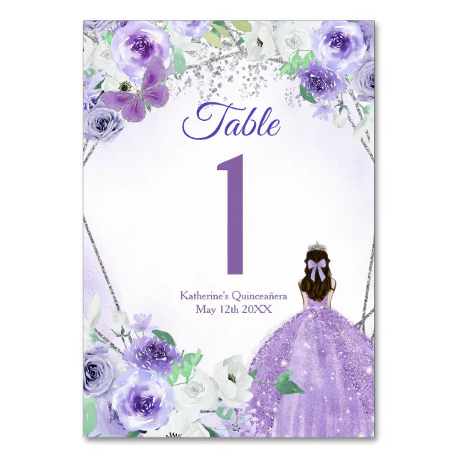 Silver and Purple Mis Quince Birthday Table Number | Zazzle