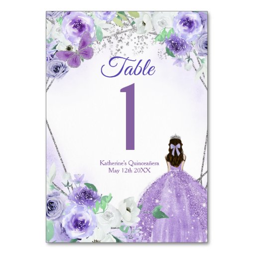 Silver and Purple Mis Quince Birthday Table Number | Zazzle