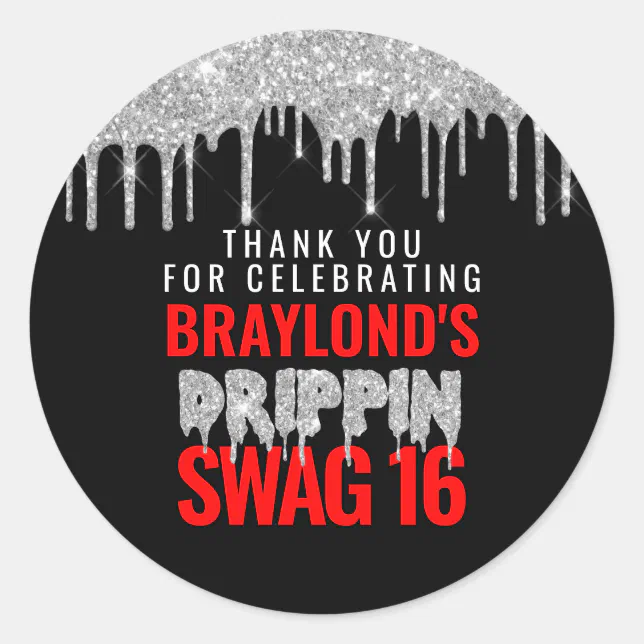 Silver and Red Drippin Swag 16 Birthday Classic Round Sticker | Zazzle