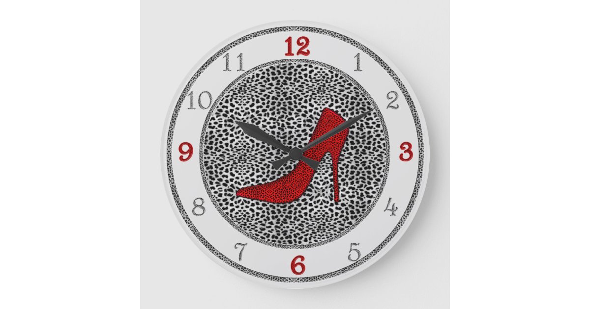 Silver and Red with Cheetah Animal Print Large Clock | Zazzle