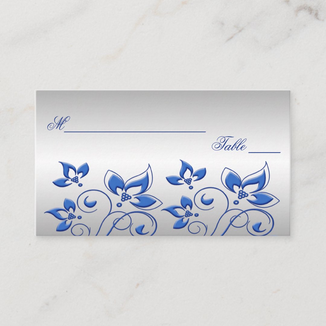 Silver and Royal Blue Floral Placecards | Zazzle