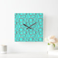 Silver and Turquoise Retro Pattern Square Clock | Zazzle
