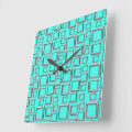 Silver and Turquoise Retro Pattern Square Clock | Zazzle