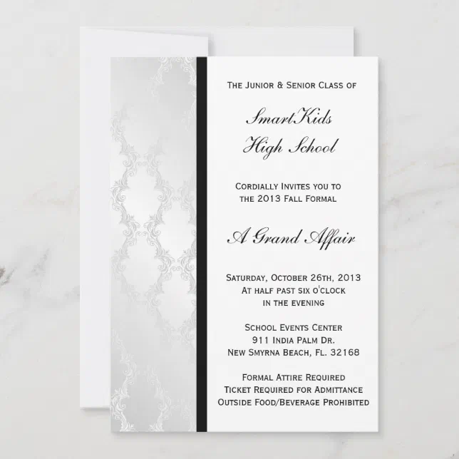 Silver and White Damask School Prom or Formal Invitation | Zazzle