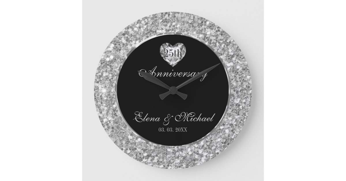 Silver And White Glitter And Heart Large Clock | Zazzle