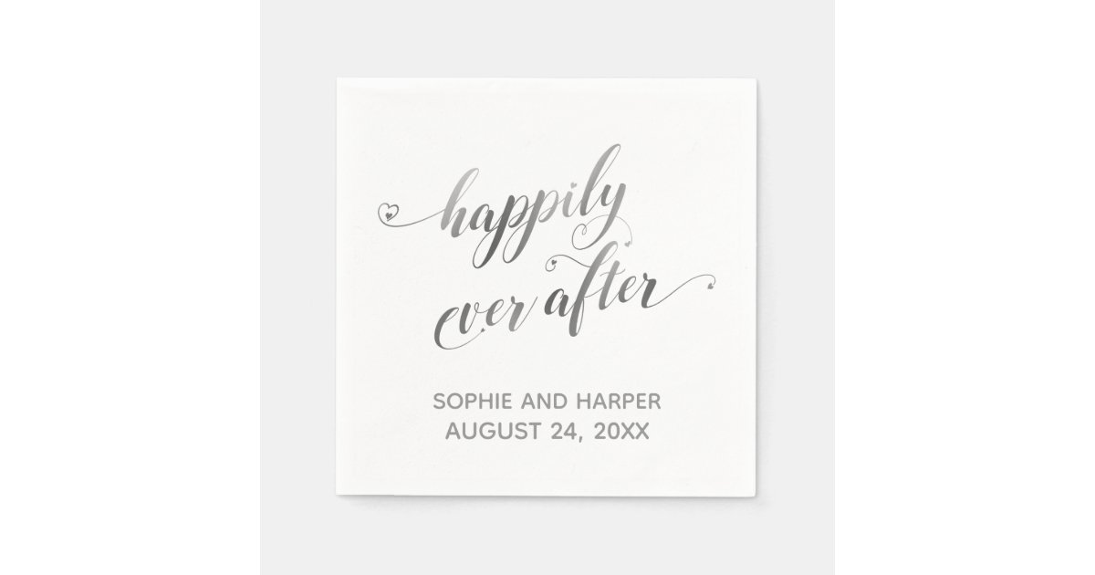 Silver and White Happily Ever After, Hearts Script Napkins | Zazzle