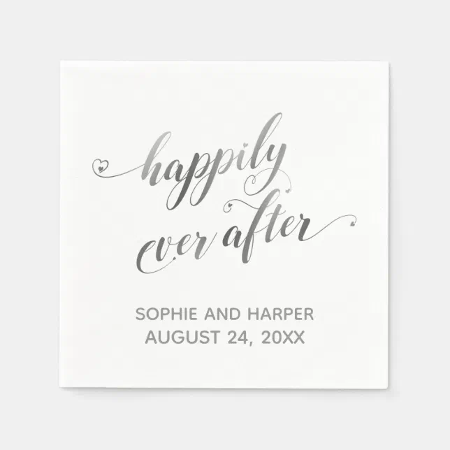 Silver and White Happily Ever After, Hearts Script Napkins | Zazzle