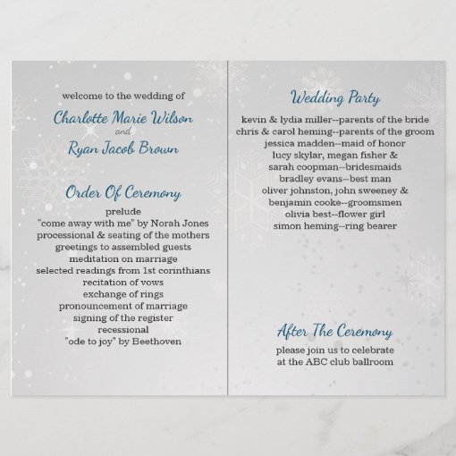 silver aqua snowflakes winter wedding program | Zazzle
