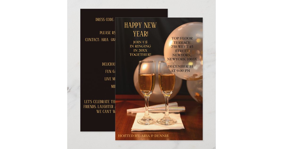 Silver balloons New Year Champagne Flutes Invitation | Zazzle