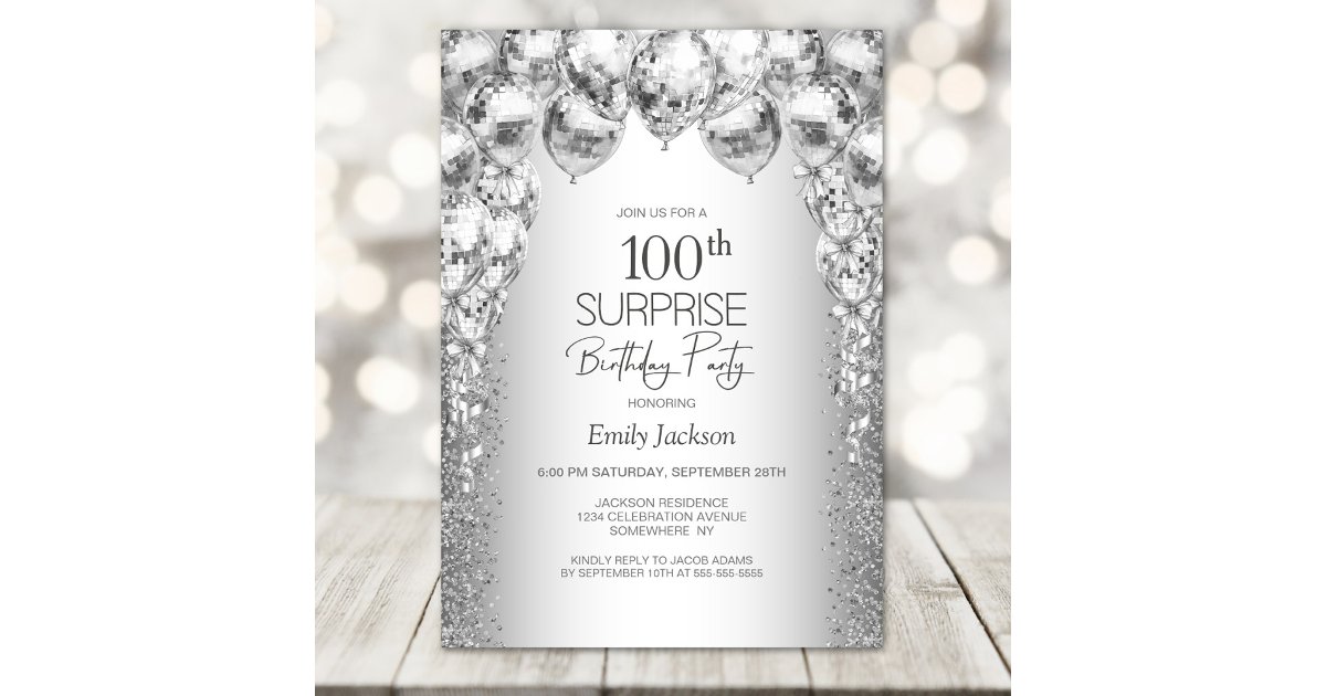 Silver Balloons Surprise 100th Birthday Party Invitation | Zazzle