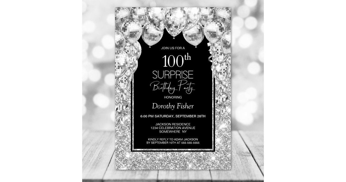 Silver Balloons Surprise 100th Birthday Party Invitation | Zazzle