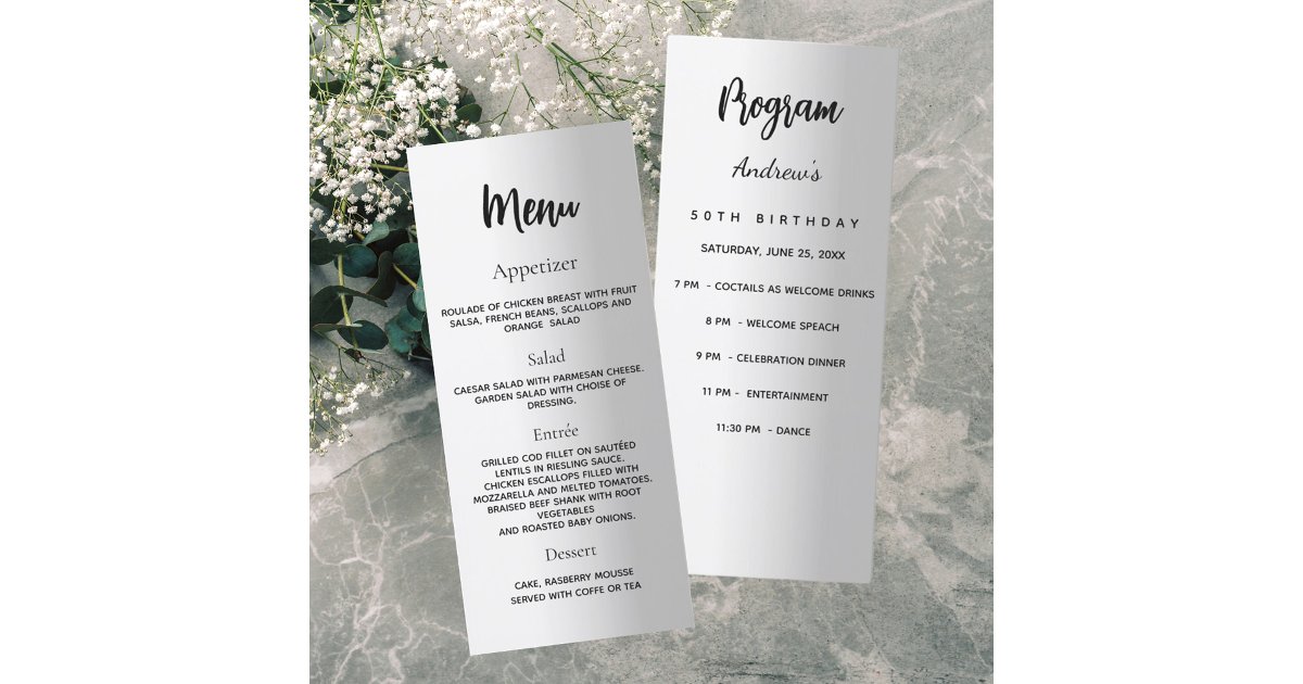 Silver birthday program dinner menu card | Zazzle