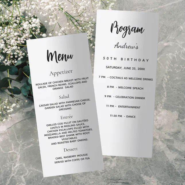 Silver birthday program dinner menu card | Zazzle