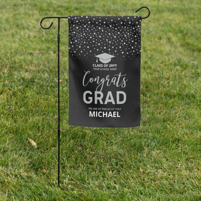 Silver & Black Confetti Congrats Graduation Garden Garden Flag | Zazzle