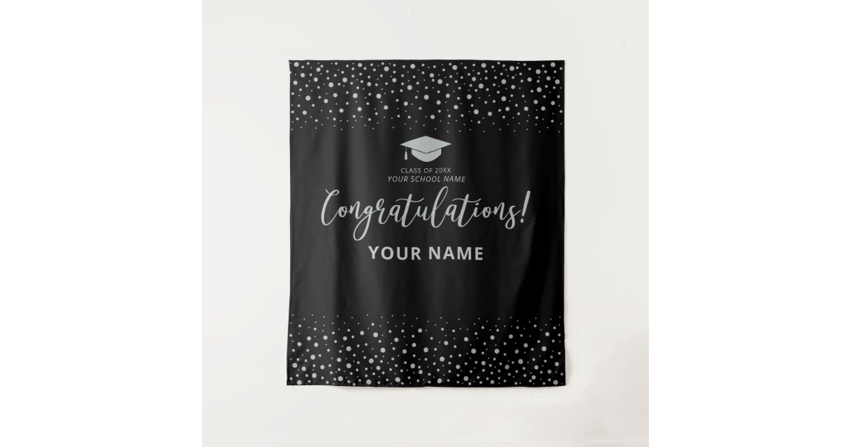 Silver, Black Confetti | Congratulation Graduation Tapestry | Zazzle