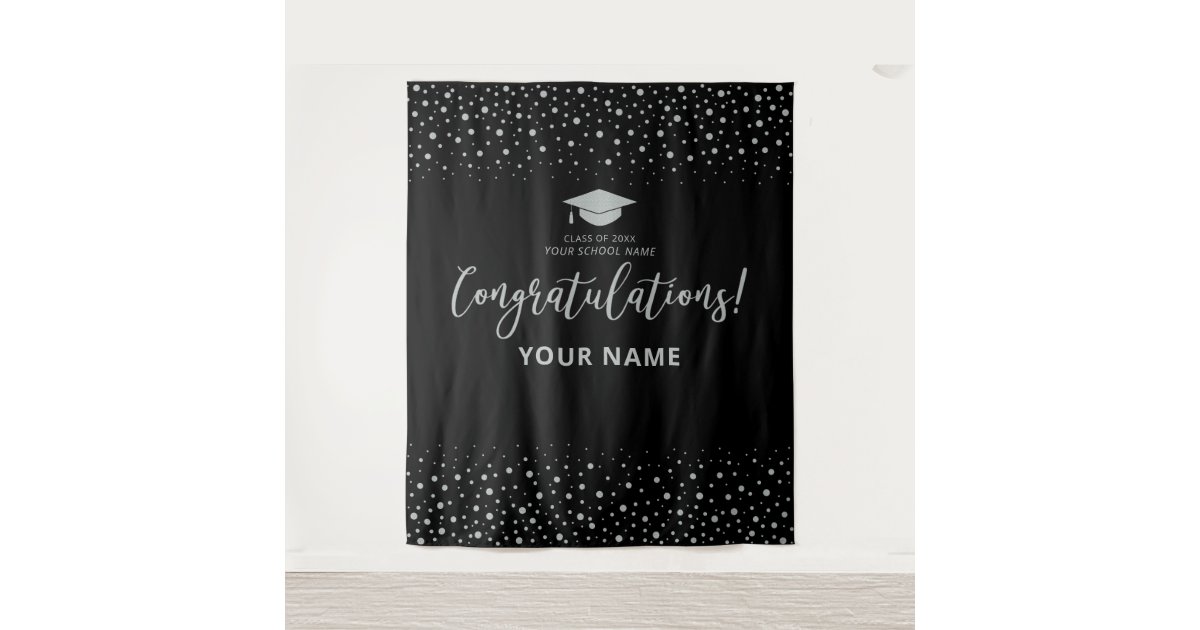 Silver, Black Confetti | Congratulation Graduation Tapestry | Zazzle.com