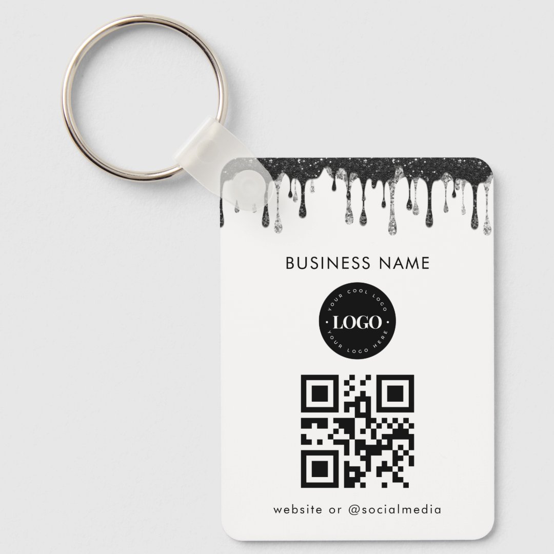 Silver Black Glitter Dripping Company Logo QR Code Keychain | Zazzle