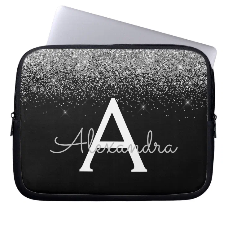 Silver Black Glitter Glam Chic Monogram Laptop Sleeve | Zazzle