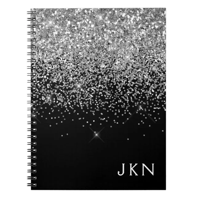 Silver Black Glitter Monogram Girly Name Initials Notebook | Zazzle