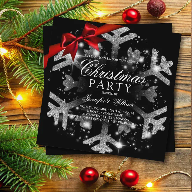 Silver Black Glitter & Ribbon | Xmas Holiday Party Invitation | Zazzle